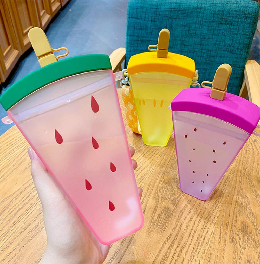 YunQin 320ml Plastic Water Bottles, 4 Colors Cute Watermelon Ice Cream Water Bottle with Straw, Anti-fall Portable Popsicle Shape Water Cup for Girls (pink)