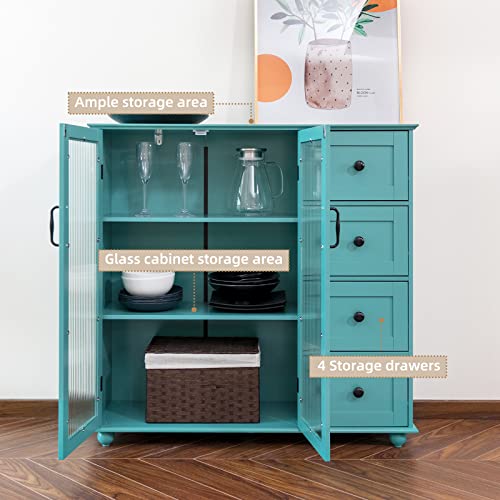 Scurrty 36'' Coffee Bar Cabinet Buffet Sideboard Table with Storage, Glass Display Cabinet, 4 Drawers & 2 Doors Kitchen Cupboard, Storage Organizer for Dining Room, Living Room, Entryway, etc (Green)