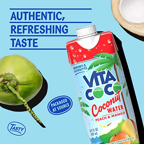 Vita Coco Coconut Water, Peach & Mango - Naturally Hydrating Electrolyte Drink - Smart Alternative to Coffee, Soda, and Sports Drinks - Gluten Free - 16.9 Fl Oz (Pack of 12)