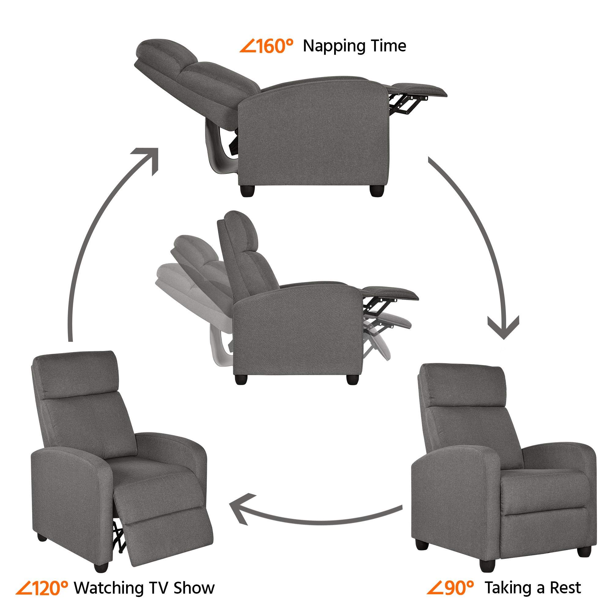 Topeakmart Fabric Recliner Sofa Push Back Recliner Chair Adjustable Modern Single Reclining Chair Upholstered Sofa with Pocket Spring Living Room Bedroom Home Theater Light Grey