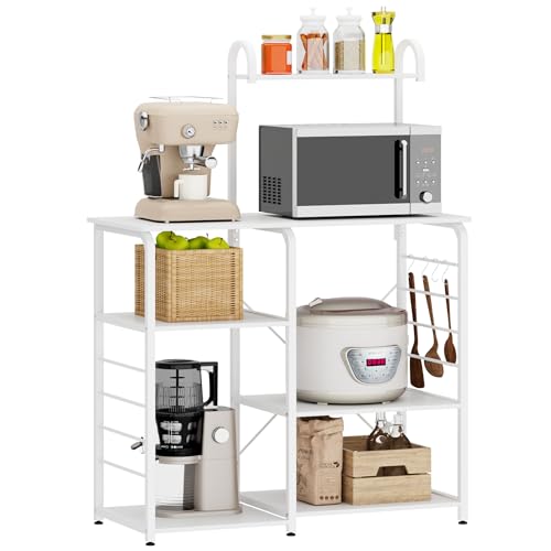 SDHYL Coffee Bar, 35 inch Bakers Rack Microwave Stand with 5 Storage Shelves and Hooks, Kitchen Shelves Organizers Bakers Racks, Microwave Table Coffee Station Table for Home Kitchen Bathroom
