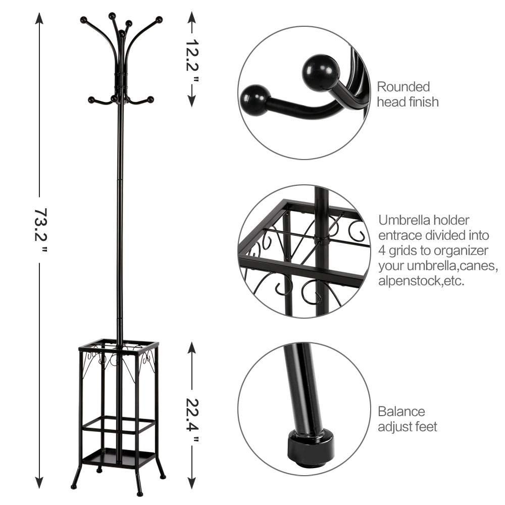 Topeakmart Free-standing Coat Hanger/Holder w/ 8 Hooks and Stand/Base Entryway Clothes Hall Tree Hat Hanger Umbrella Holder for Home/Office,Metal, Black