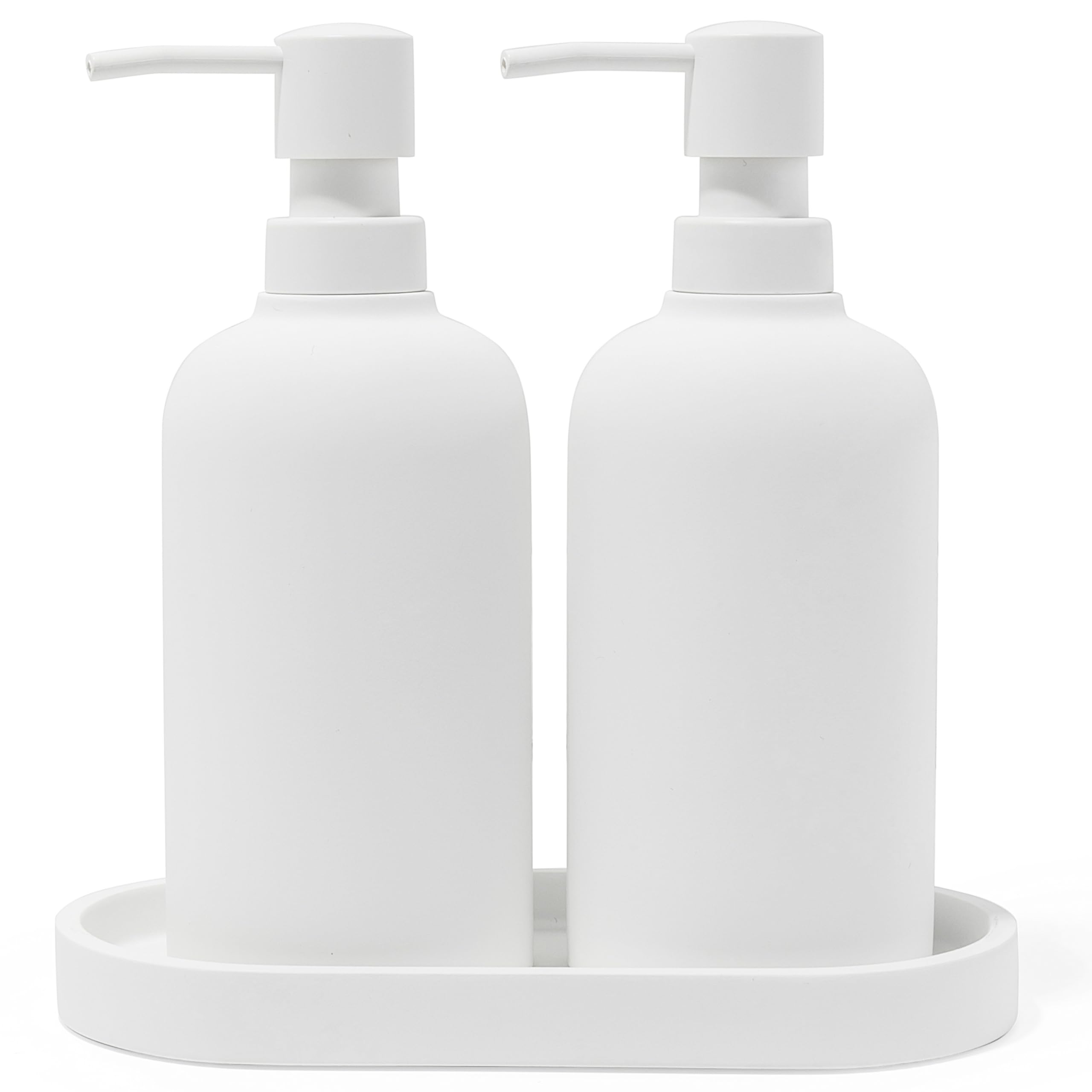 Yew Design - Matte White Soap Dispenser Set with Tray, 2 Pack 15oz Round Rustproof Liquid Hand Dish Soap Dispensers with Tray for Kitchen Sink, Countertop, and Bathroom