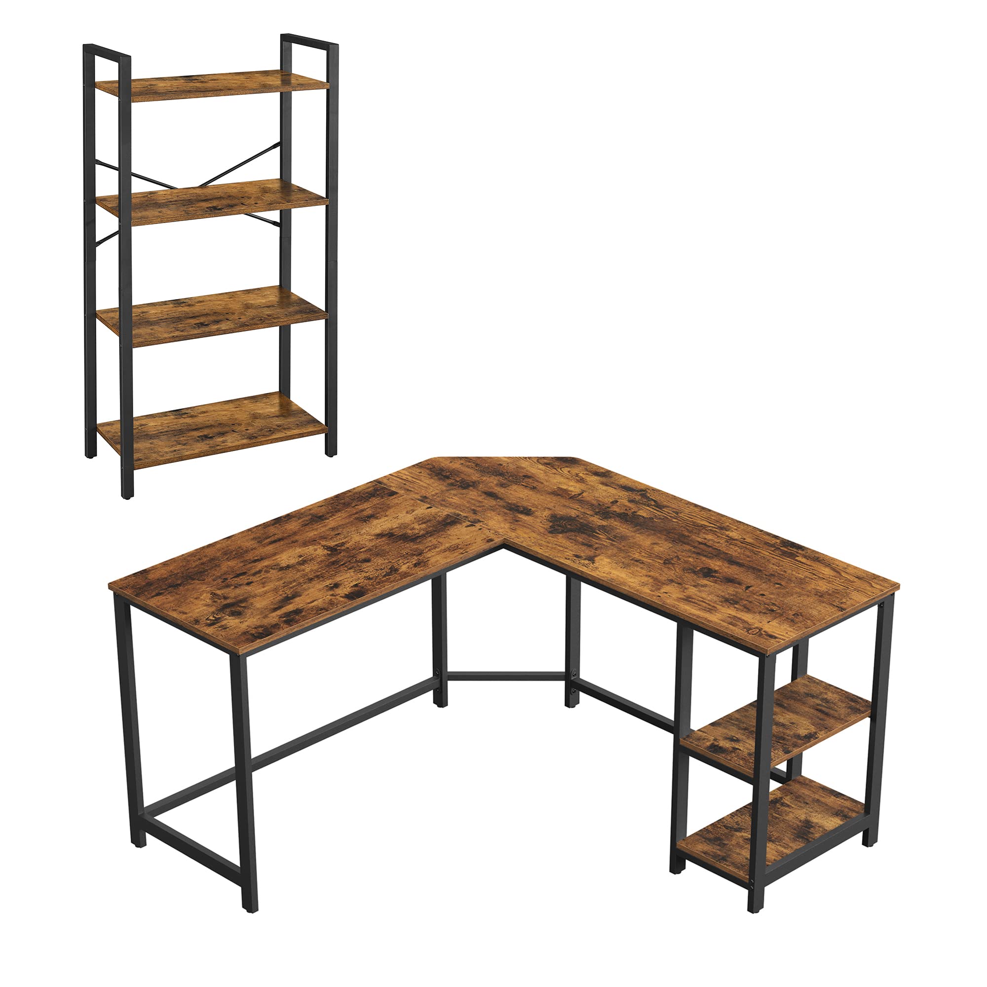 VASAGLE Computer Desk and Bookshelf Bundle, L-Shaped Computer Desk and 4-Tier Bookcase with Steel Frame, for Home Office, Industrial, Rustic Brown and Black ULWD72X and ULLS60BX