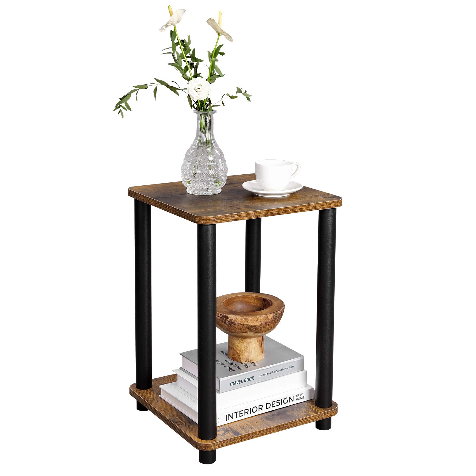 VASAGLE End Table, 2-Tier Side Table, Nightstand with Storage Shelf, Stable, for Living Room, Bedroom, Office, 13.4 x 13.4 x 19.7 Inches, Rustic Brown and Black ULET180X01