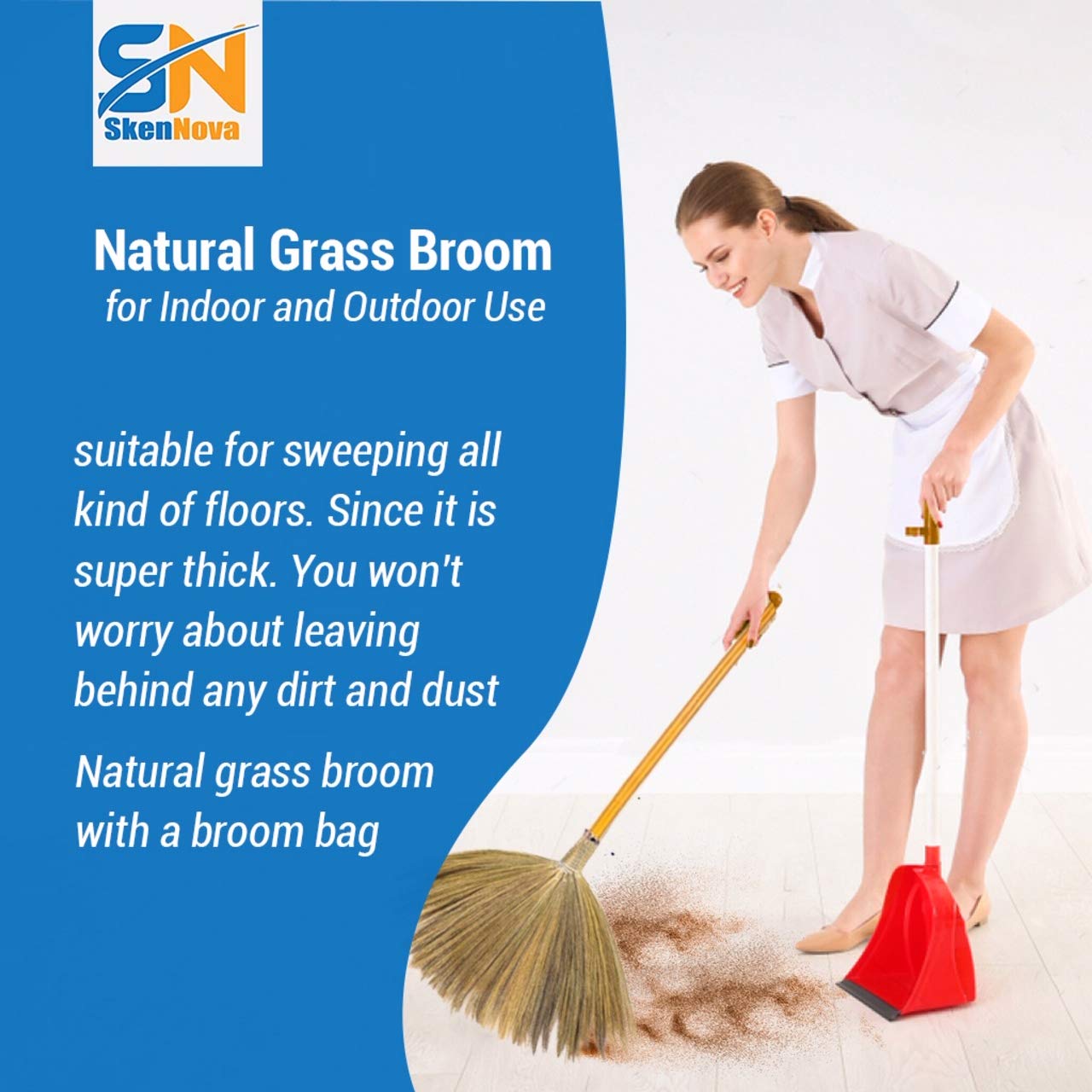 SKENNOVA - Set of Loincloth Fabric Broom Bag & Thai Traditional Grass Broom Vintage Style with Bamboo Brown Handle & Hand Grip with Wire Length 40-41-inch x Width 20-24-inch