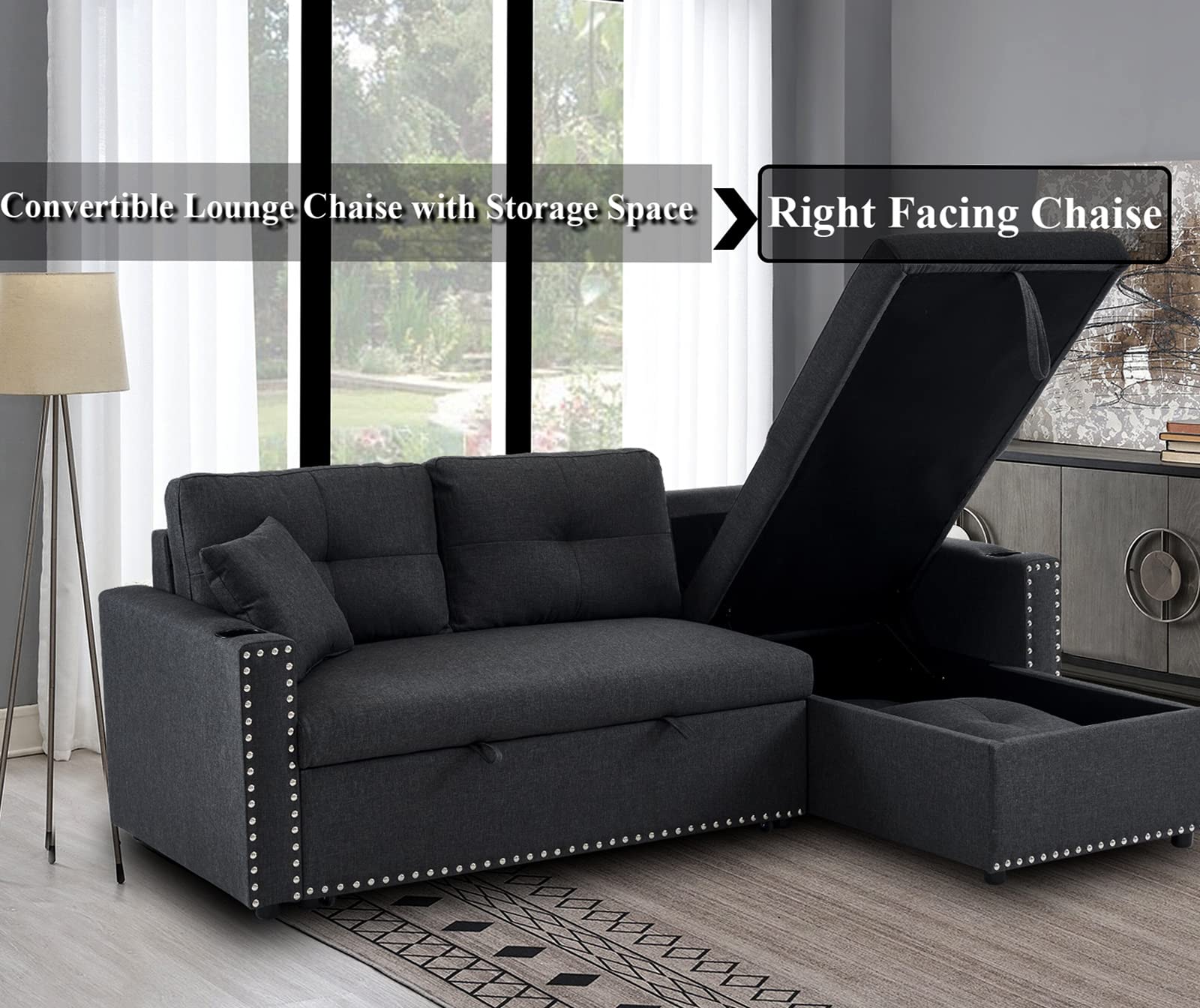 Sleeper Sofa Bed Pull Out Couch Reversible Sectional Sofa for Small Space Loveseat Sleeper with Storage Chaise & Cup Holder for Living Room/Apartment/Basement (Dark Grey)