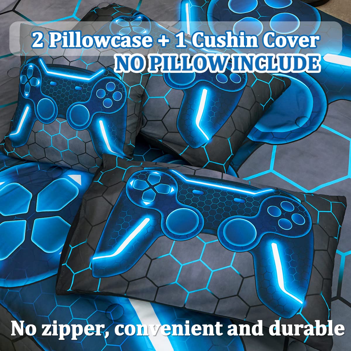 Tasselily Game Console Blue Comforter Set with Sheets, 6 Pcs Bed in A Bag Geometric Lightweight Boys Full Size Bedding Set for Kids Teens