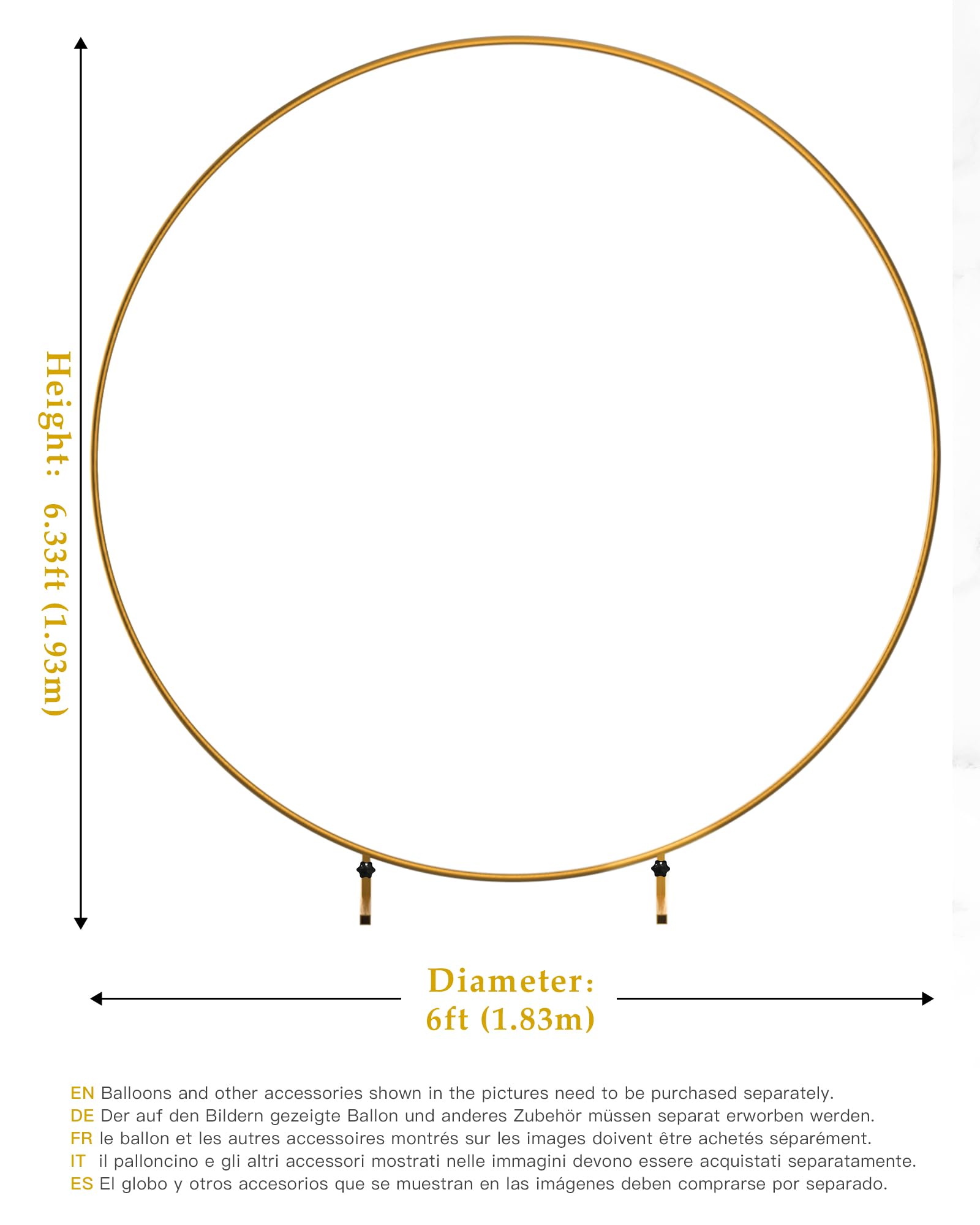 YALLOVE Round Backdrop Stand, 6ft Circle Balloon Arch Frame, Large Size Gold Wedding Arch for Quick Party Decoration