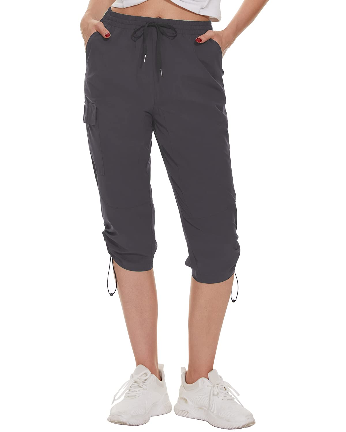 VAYAGER Women's Outdoor Hiking Capri Pants Loose-Fit Lightweight with Zipper Pockets(Black L)
