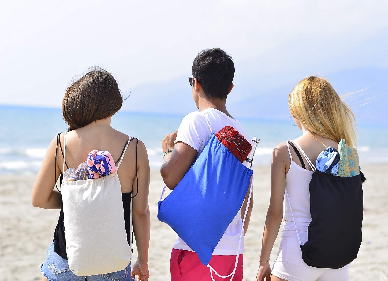 TBF Cotton Drawstring Backpack Gym Sack, Canvas Cinch Sport Pack for Men, Women - Set of 3, Black