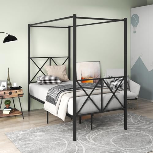 Twin Size Metal Canopy Bed Frame, Platform Bed Frame with X Shaped Frame Black