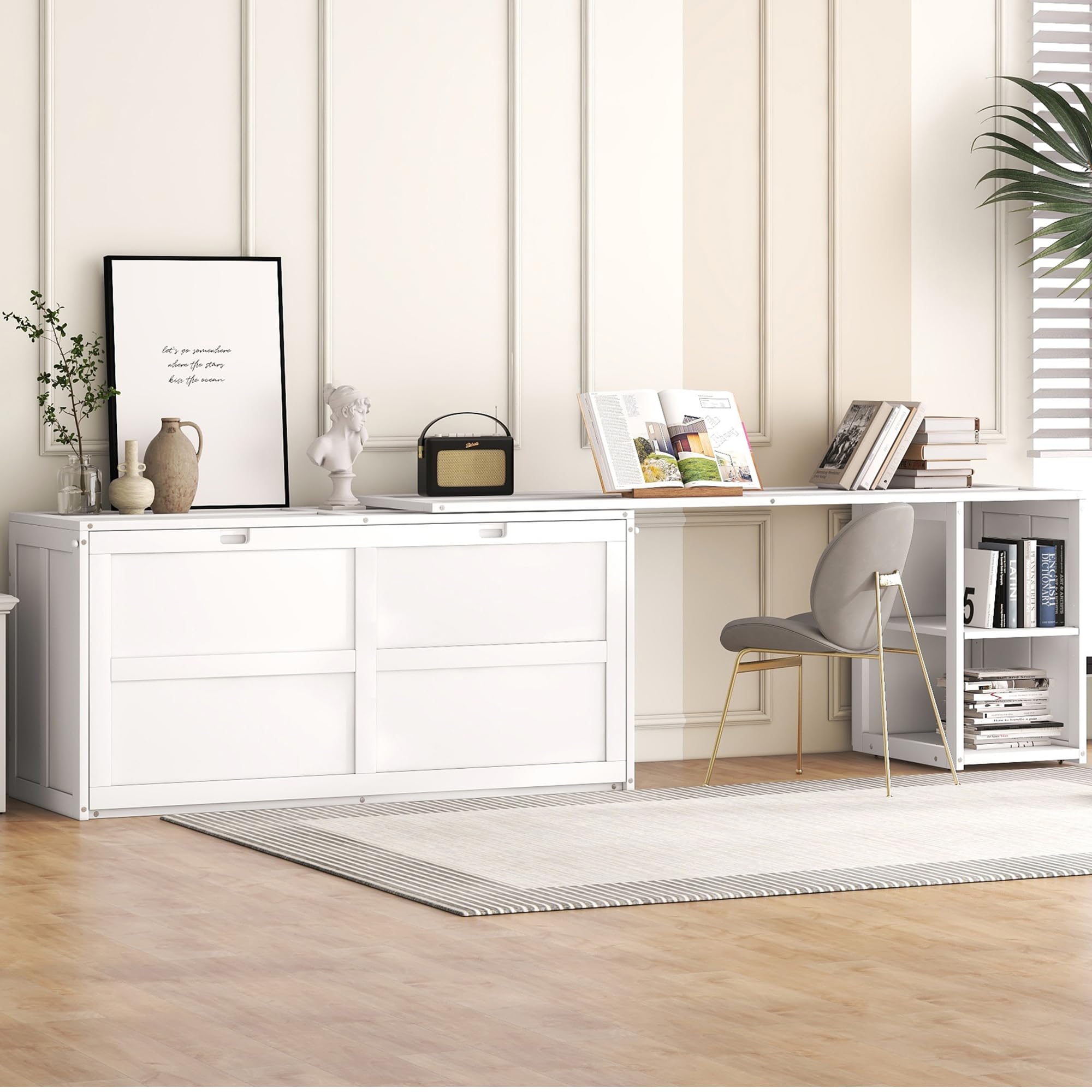 RUNWON Queen Size Murphy Bed with Rotable Desk for Bedroom/Living Room,Can be Fold into Desk Cabinet