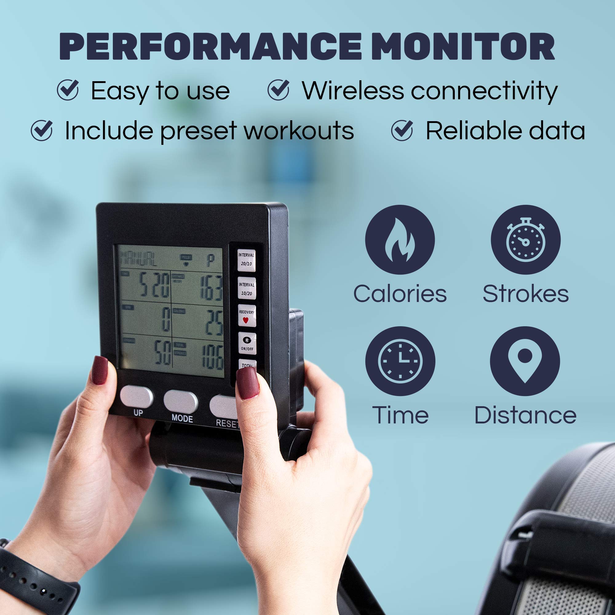 STRONGICK Foldable Rowing Machine with 10 Resistance Settings - Bluetooth Option, Transport Wheels, LCD Monitor - Rower Machine for Home, Office, Garage Use