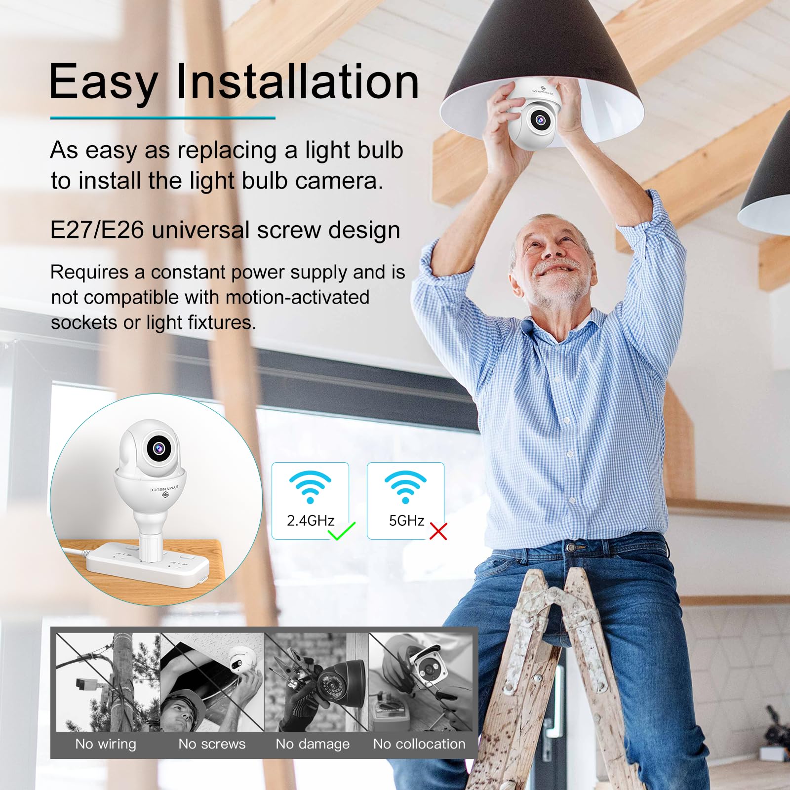SYMYNELEC Light Bulb Security Camera Outdoor Waterproof, 2K 4MP 2.4GHz Wireless WiFi Light Socket Security Cam 360 Motion Detection Tracking Color Night Vision 2 Way Talk Works with Alexa (Black)