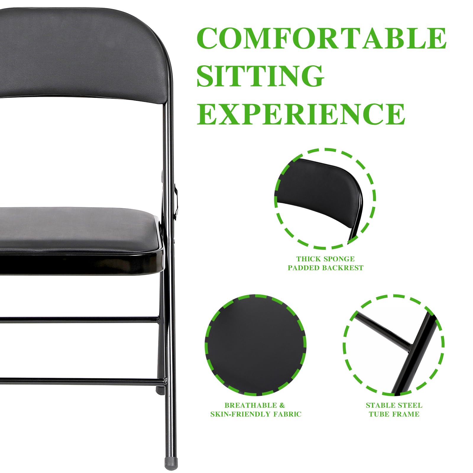 SKONYON Folding Chairs with Padded Seats Black Foldable Chair for Outdoor & Indoor use, 330lbs Capacity (Set of 4)