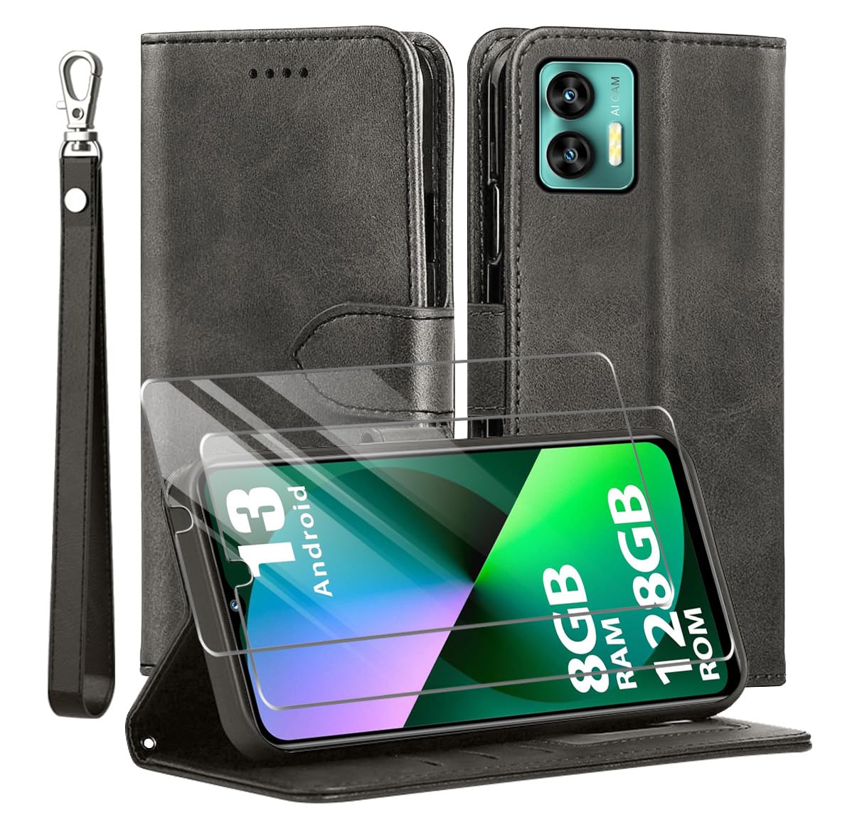 TTYSHTT for oukitel C35/C36 Case and Tempered Glass Screen Protector, PU Leather Flip Cover Wallet Phone Case Protector [Full Protection] [Card Slots] [Kickstand] for oukitel C36, Black