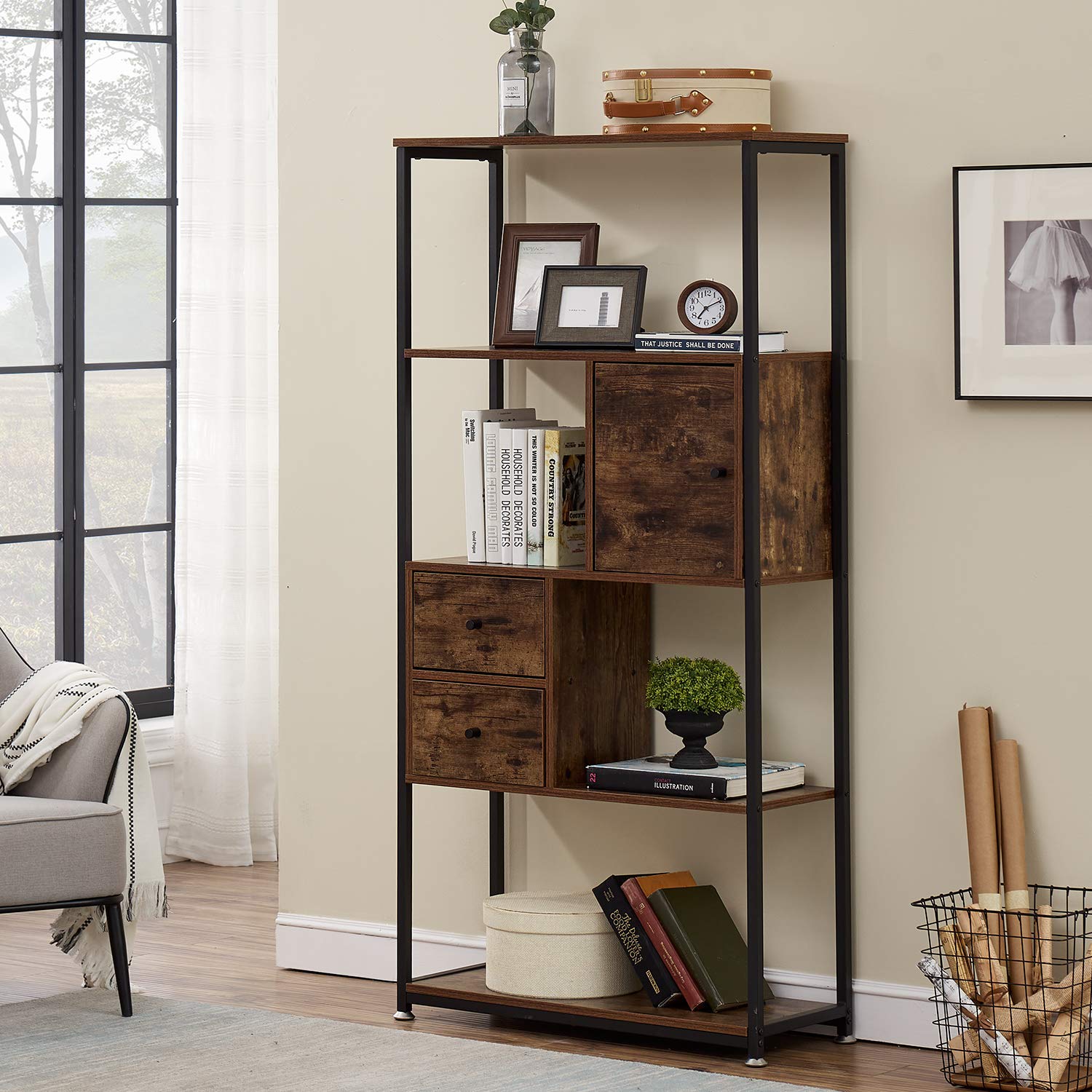 VECELO Bookshelf/Bookcase,Open Book Shelf with Middle Drawers Storage Organizer for Living Room,Home Office
