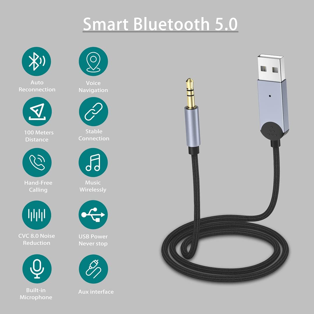 sunshot Bluetooth 5.0 Car Receiver, USB DAC Aux to Bluetooth Adapter with Built-in Microphone for Hands-Free Calls and Auto On Function, Compatible with Car Stereos & Home Audio - Upgrade Your Sound!