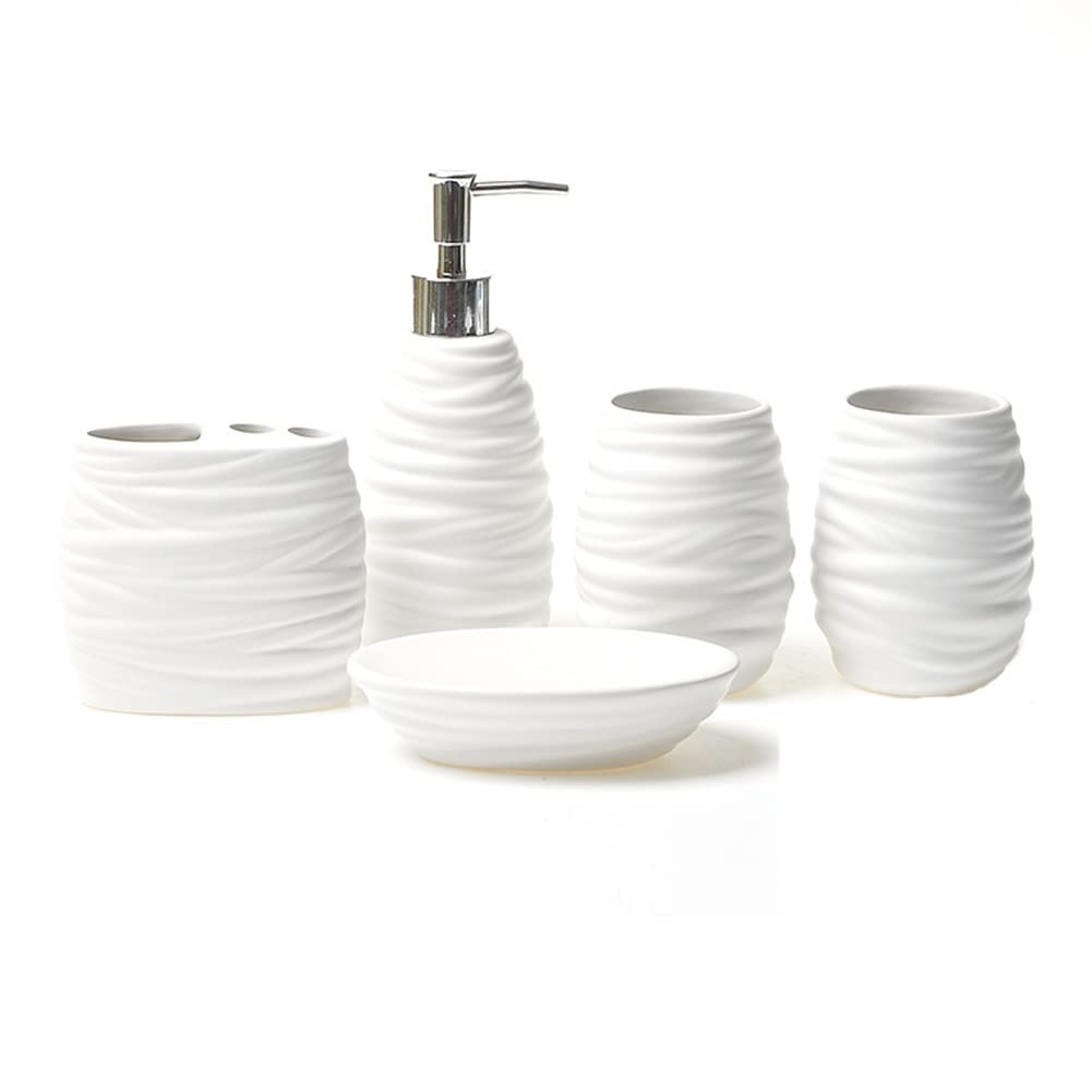 YUEYOULII Shampoo Dispenser Soap Dispenser Set Creative Ceramic Soap Dispenser Wash Mouth Cup Toothbrush Cup Storage Soap Tray Bathroom Five-Piece Set Soap Dispenser for Kitchen (Color : White)