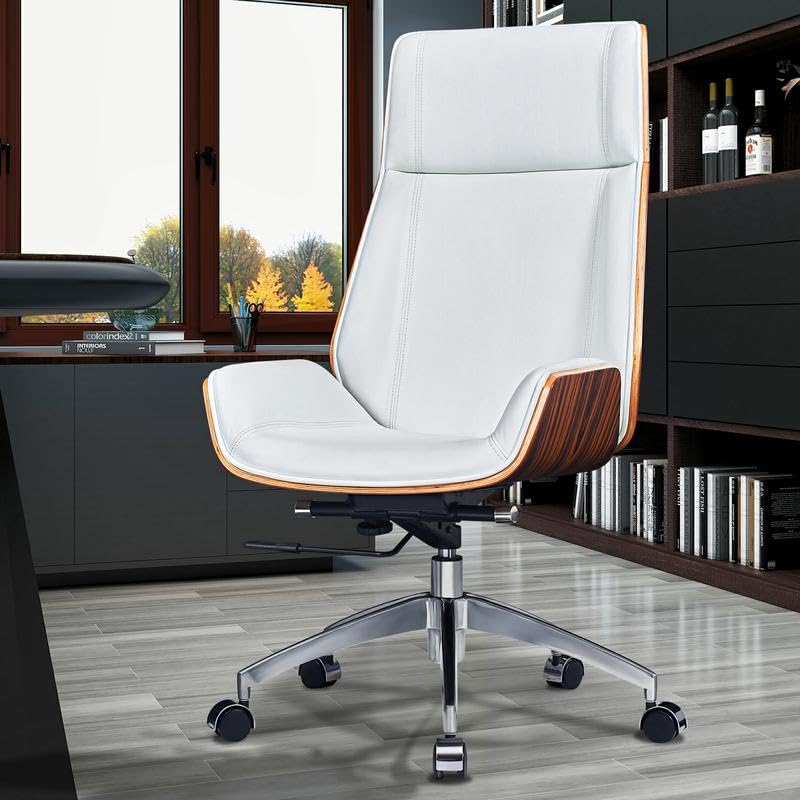 Swivel Ergonomic Office Chair, Genuine Leather Computer Chair with Adjustable Height and 4-Point Support, Comfortable High Back Desk Chairs with Mute Pulley for Living Room, Office, White