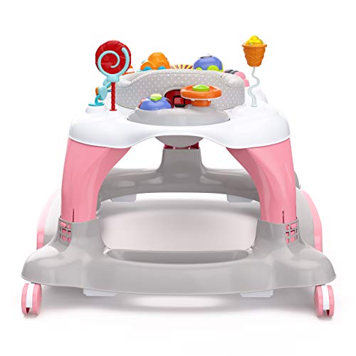 Storkcraft 3-in-1 Activity Walker and Rocker with Jumping Board and Feeding Tray, Interactive Walker for Toddlers and Infants, Pink