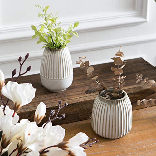Vellarr Small White Ceramic Vase Set, Rattan Stripe Bud Vases Home Decor, Great for Decorative, Kitchen, Office or Living Room, (Set of 2 Vases)