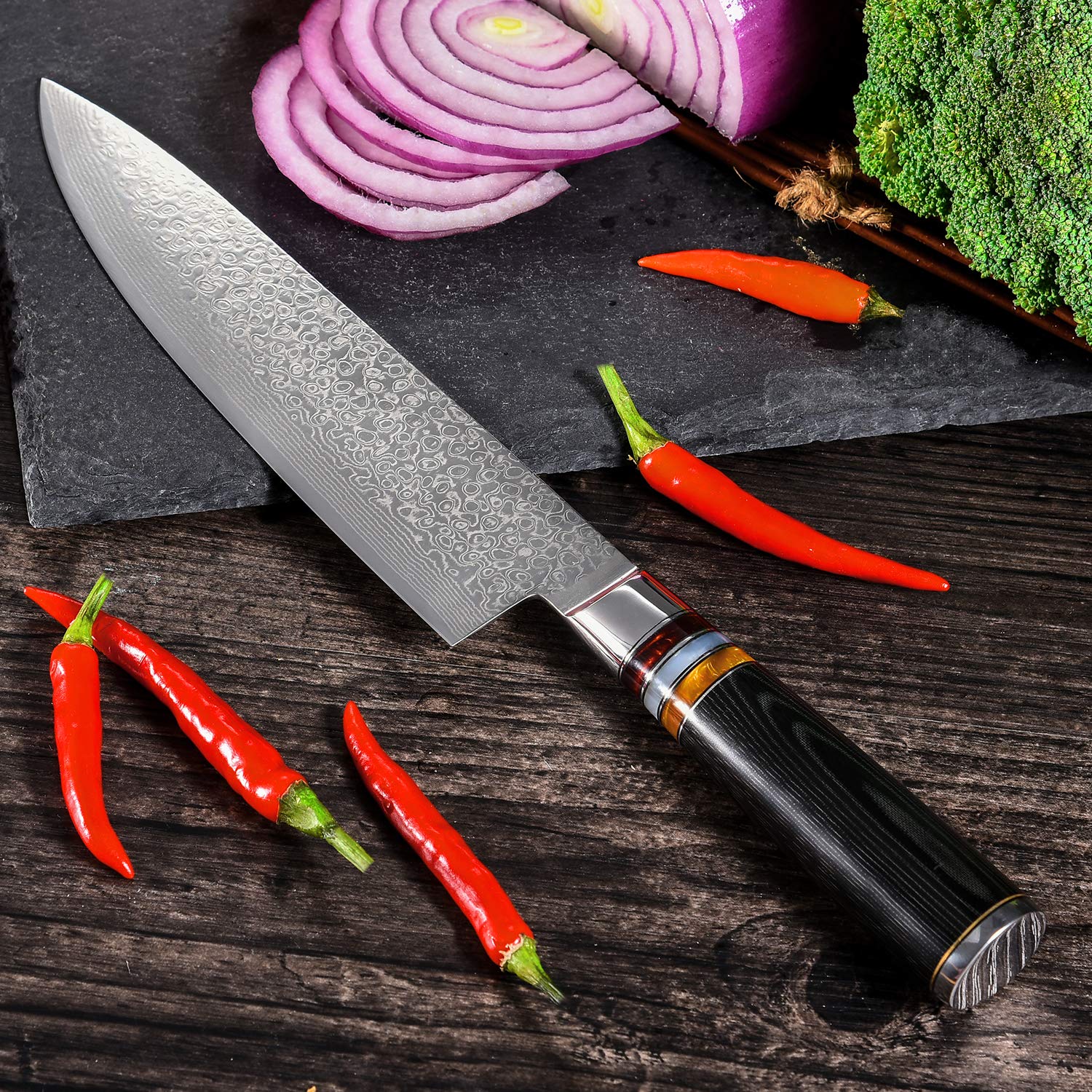 YAIBA Chef Knife 8 Inch Damascus Japanese Knife VG10 Stainless Steel, Razor Sharp Kitchen Cooking Knife with Ergonomic Handle- Sheath & Gift Box, Superb Edge Retention, Stain & Corrosion Resistant