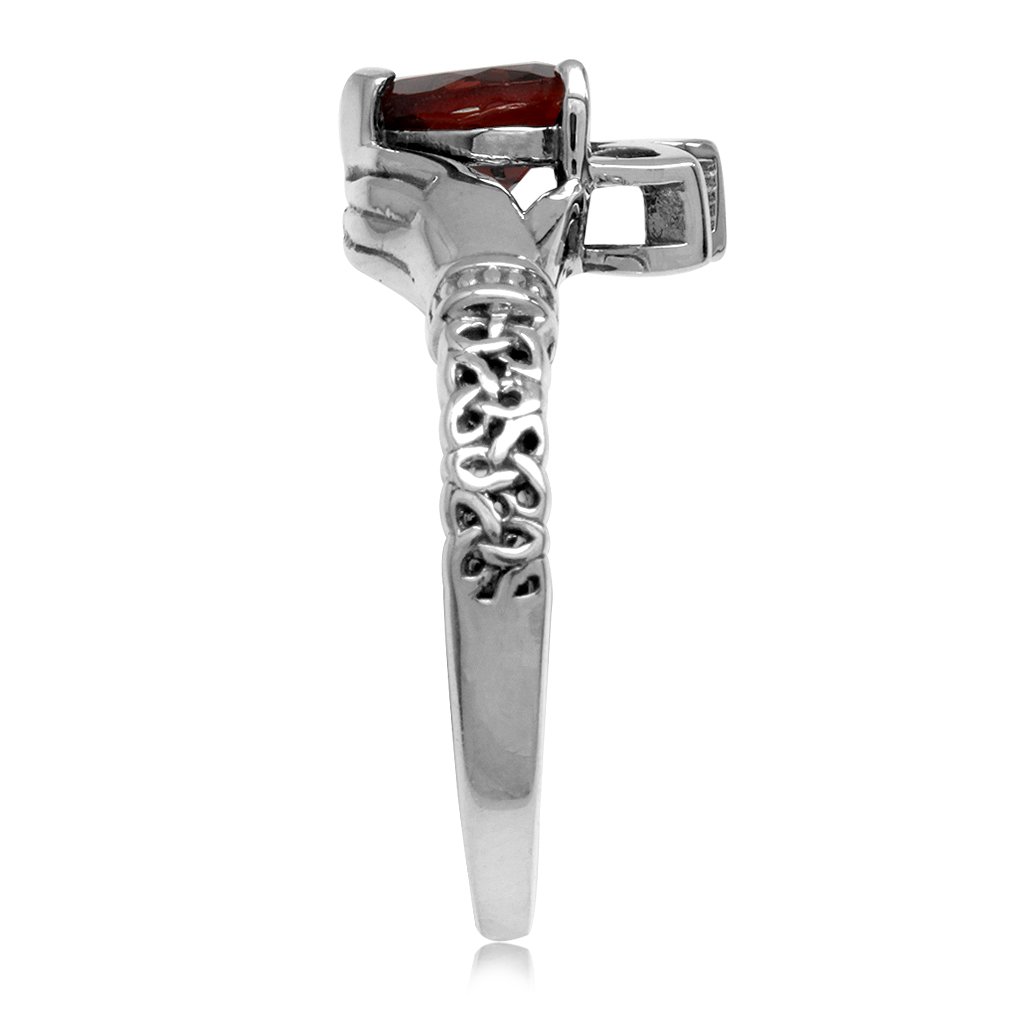 Silvershake Natural Heart Shape Garnet 925 Sterling Silver Irish Claddagh and Triquetra Celtic Knot Ring Size 5