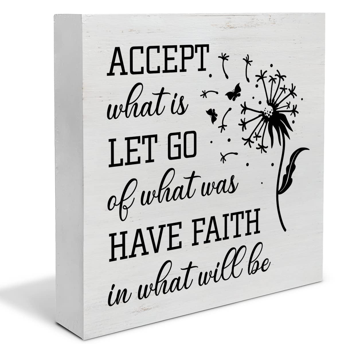 YIDOU Inspiration Dandelion Wood Box Sign Decor Desk Sign Accept What is Let Go of What was Have Faith in What Will be Wooden Box Block Sign Rustic Home Living Room Shelf Wall Decoration