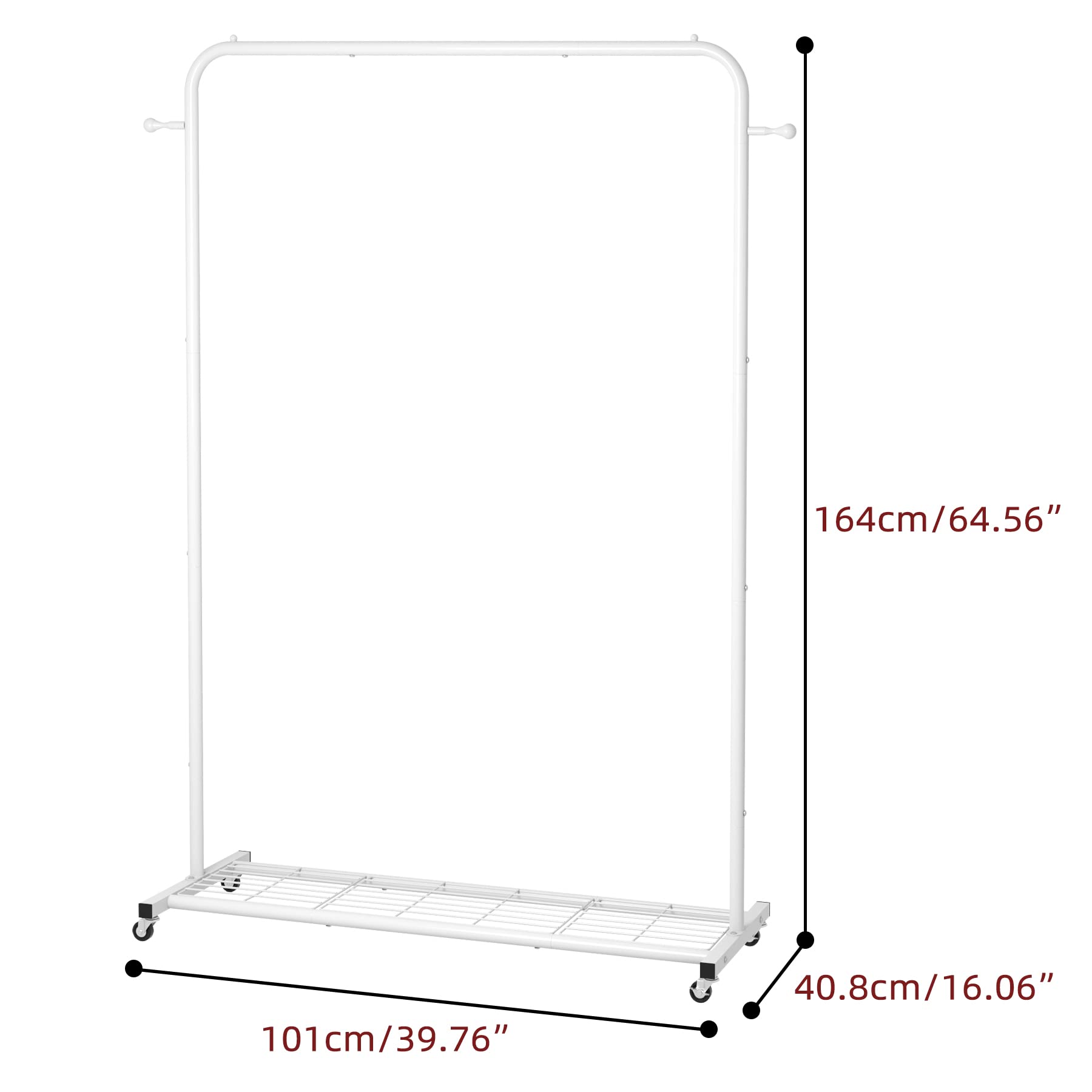 Sywhitta Clothes Rack on wheels, Clothing Rack with Bottom Mesh Storage Shelf,Sturdy Metal Frame,Rolling Garment Rack for Hanging Clothes,Coats,Skirts,39.76" L x 16" W x 64.56" H,White