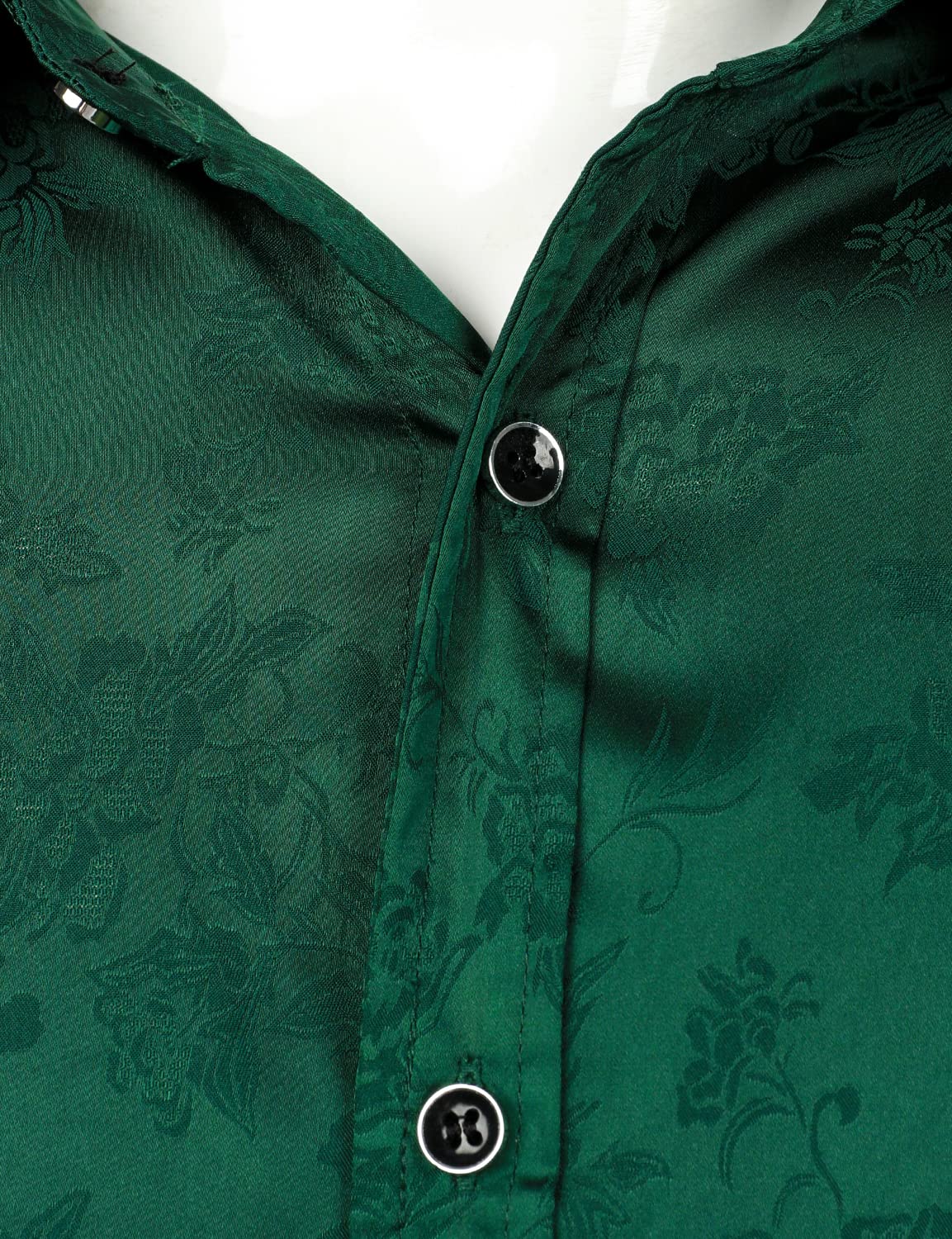 ZEROYAA Men's Hipster Floral Jacquard Long Sleeve Satin Silk Like Button Up Dress Shirts for Party Prom ZHCL55 Dark Green Small