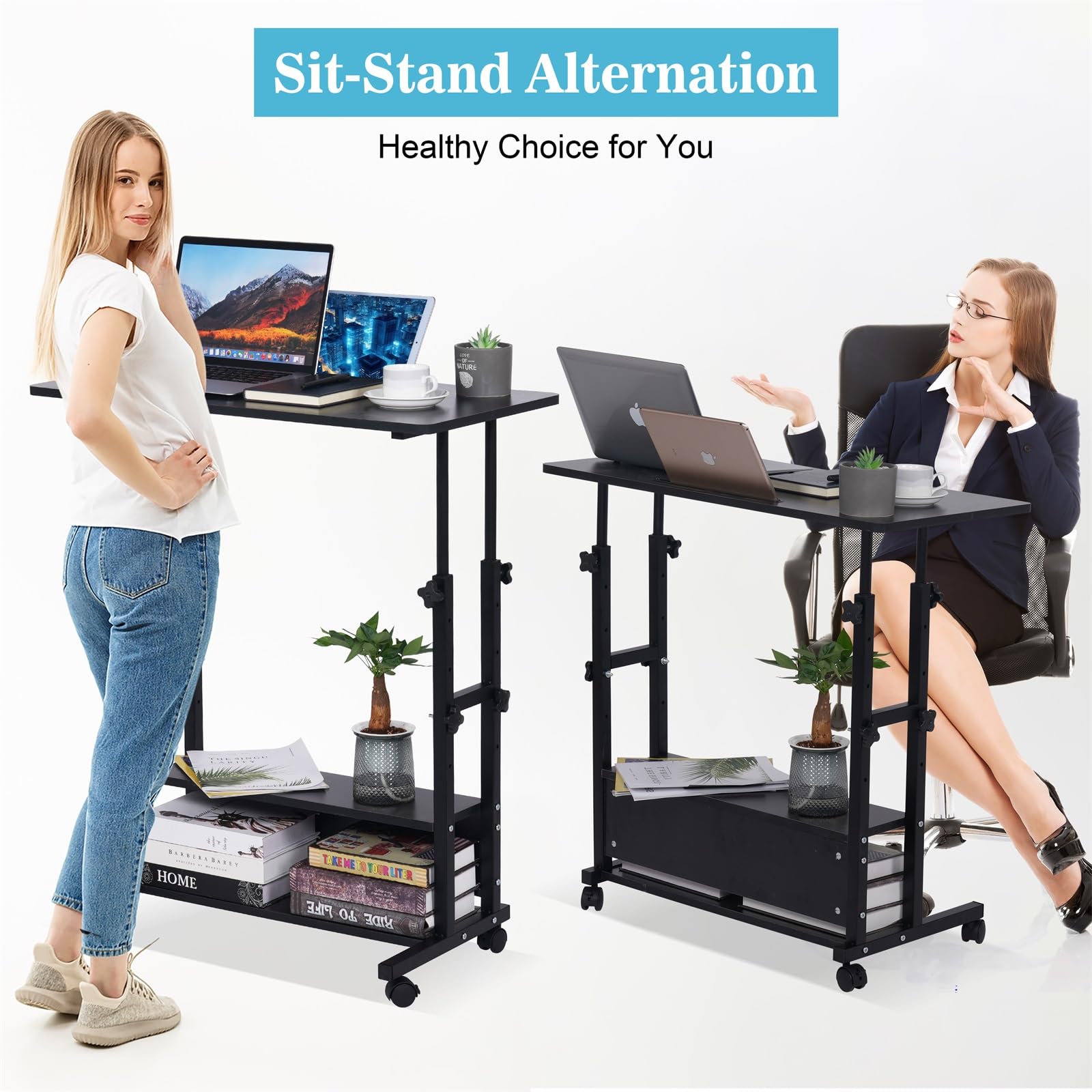 Small Standing Desk Adjustable Height, Mobile Stand Up Desk with Wheels, 32 Inch Portable Rolling Desk Small Computer Desk, Portable Laptop Desk Standing Table Sit Stand Home Office Desks Black