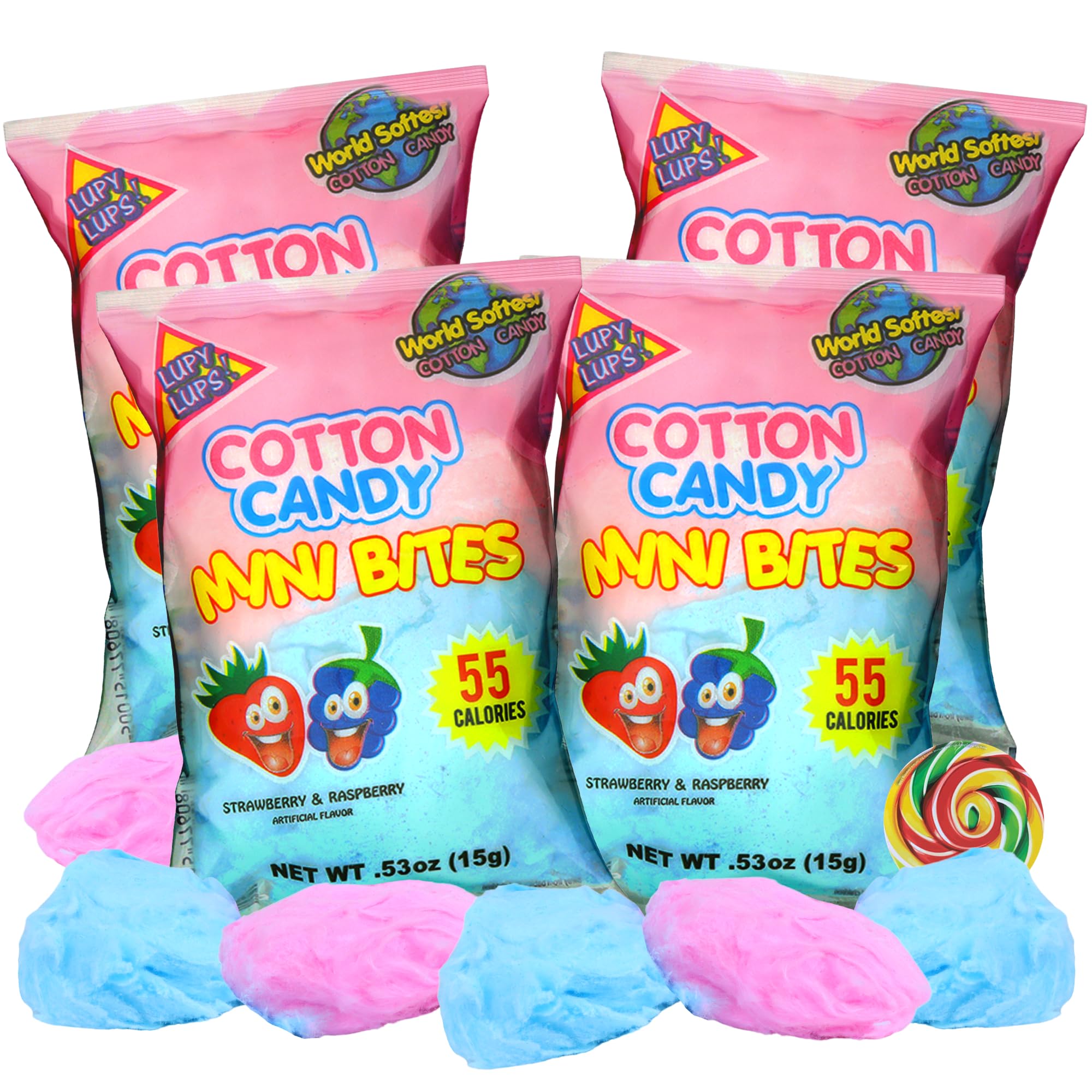 Strawberry and Raspberry Flavored Cotton Candy Mini Bites, Individually Packaged Party Favors, Swirl Sticker Included, 0.53 Ounces, (Pack of 4)