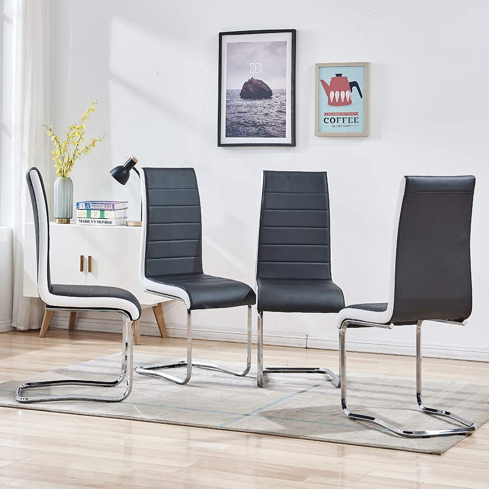 STYLIFING Dining Room Set Round Clear Glass Top Crisscrossing Chrome Metal Legs Kitchen Table and 4 Modern High Back Black Faux Leather Chairs Home Kitchen Office Waiting Room Use