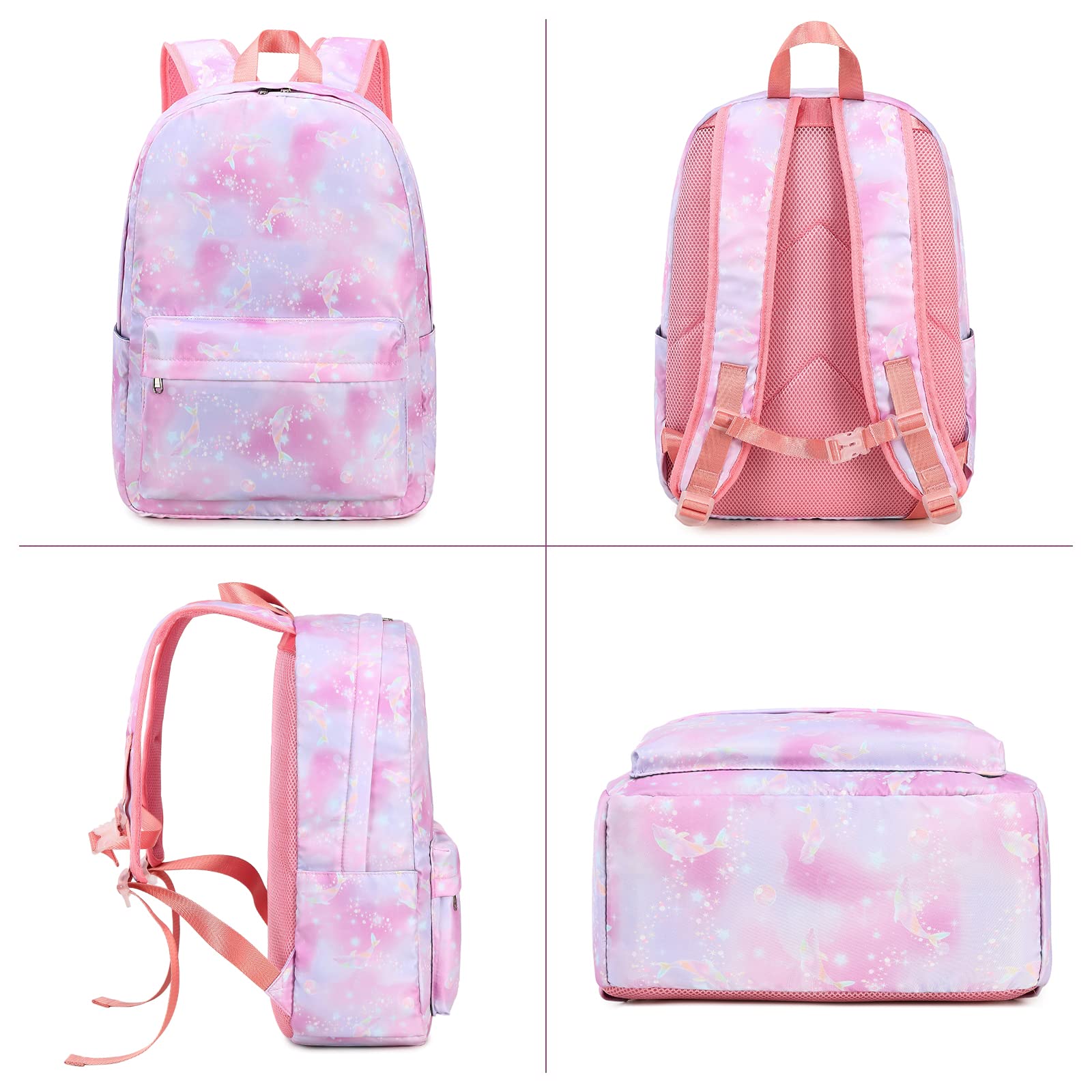 YCBB Kids Backpacks for Girls Dolphin School Bookbags Set with Lunch Tote Bag Lightweight Preschool Kindergarten Elementary School Backpacks