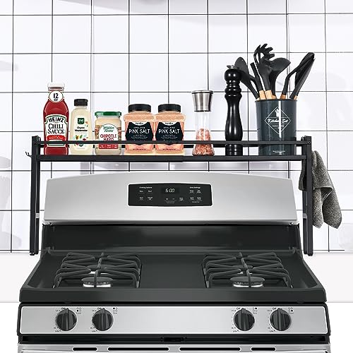 yudeke Stove Shelf, 1 Extendable Metal Shelf, Kitchen Organizer with 4 Hooks (Black)