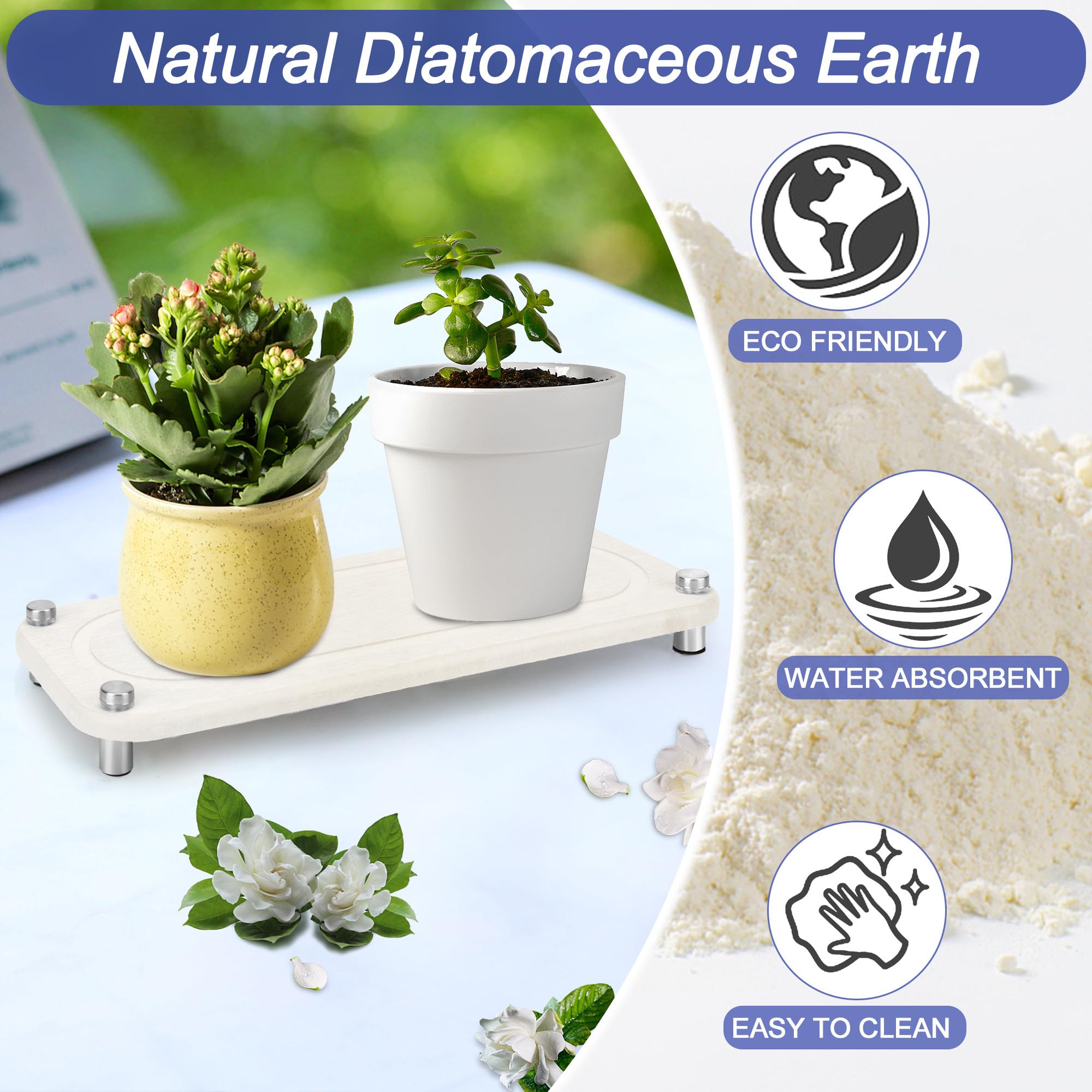 Yukee 2PCS Diatomaceous Earth Instant Dry Sink Organizer Bathroom Kitchen Counter Fast Water Absorbing Stone Sink Caddy Tray Sponge Soap Bottle Storage Shelf Holder Rack