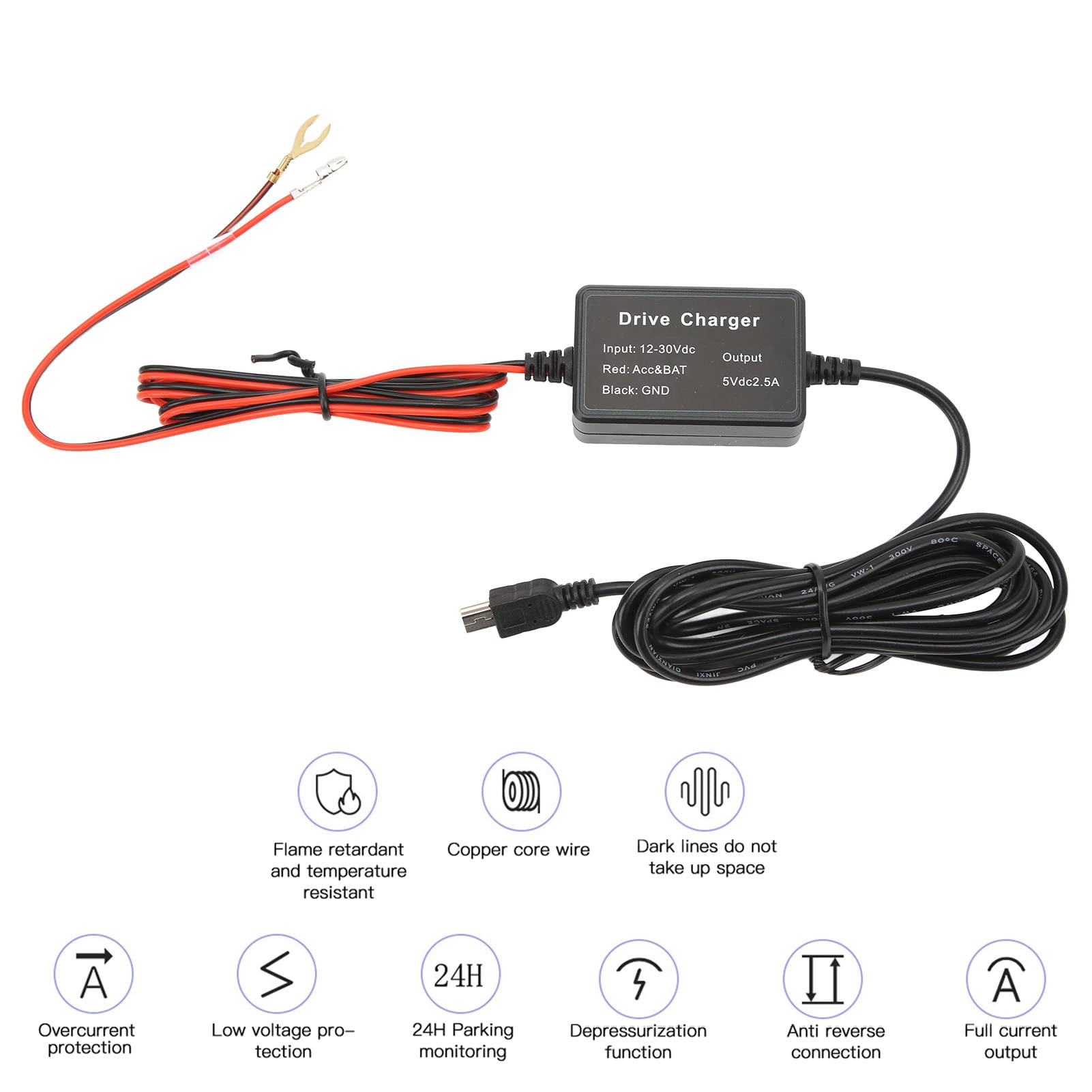 Yctze Dash Cam Hardwire Kit Mini USB Adapter 12V‑30V to Dash Cam Hardwire Kit Mini USB Hard Wire Kit Dashcam Hardwiring Kit Car Dash Camera Hard Wire