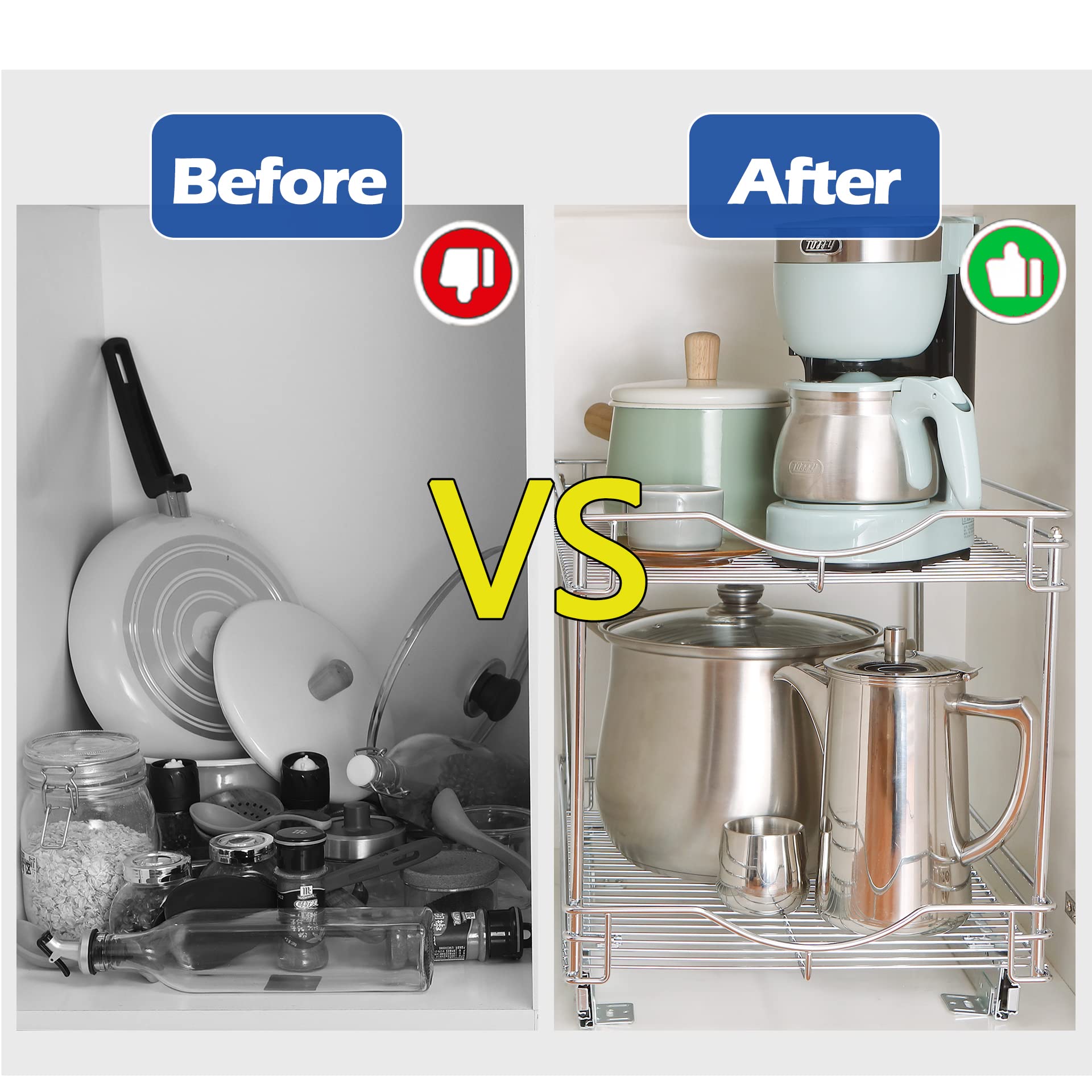 SIMCAS Pull Out Cabinet Organizer (14"W X 21"D), Kitchen Cabinet Organizers and Storage Cabinet Pull Out Shelves, Slide Out Kitchen Cabinet Storage 2-Tier Pull Out Drawers for Kitchen Cabinets, Chrome