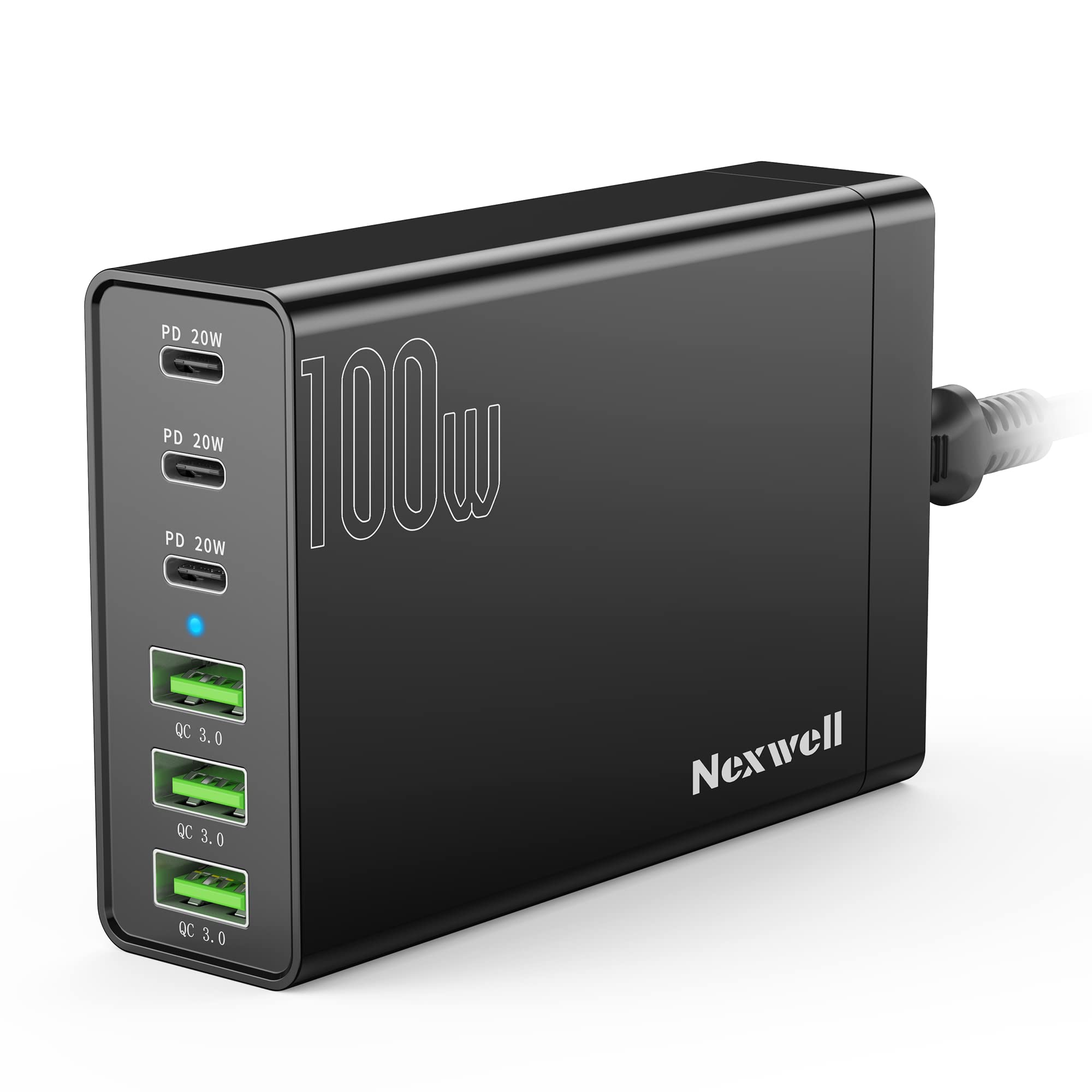 USB C Charger, Nexwell 100W GaN 6-Port Desktop USB Charging Station with 3 USB-C Ports +3 USB-A Ports, Portable PD Fast Charger for iPhone, iPad, Samsung Galaxy, 5ft Extension Cord