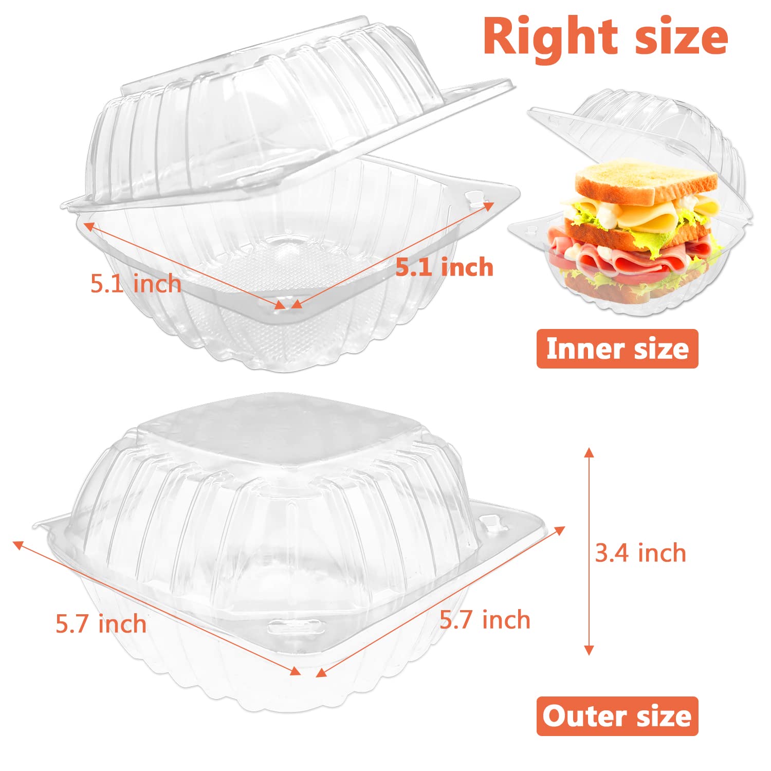 Szsrcywd 100 Pack Clear Hinged Plastic Food Containers,Clamshell Take Out Trays,Dessert Containers To Go Boxes for Salads,Pasta,Sandwiches,Cookie,5.7 x 5.7 x 3.4 Inch
