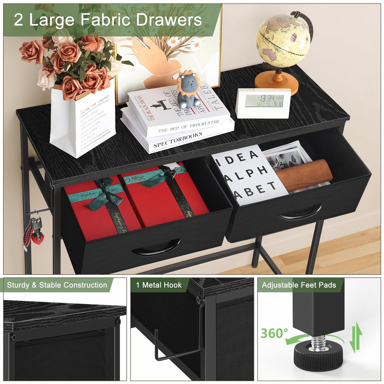 Small Entryway Table with 2 Drawers, Console Table with Storage, Rustic 31.5" Narrow Sofa Table Entrance Table for Hallway, Living Room, Foyer, Behind Couch Table with Storage and Fabric Drawers