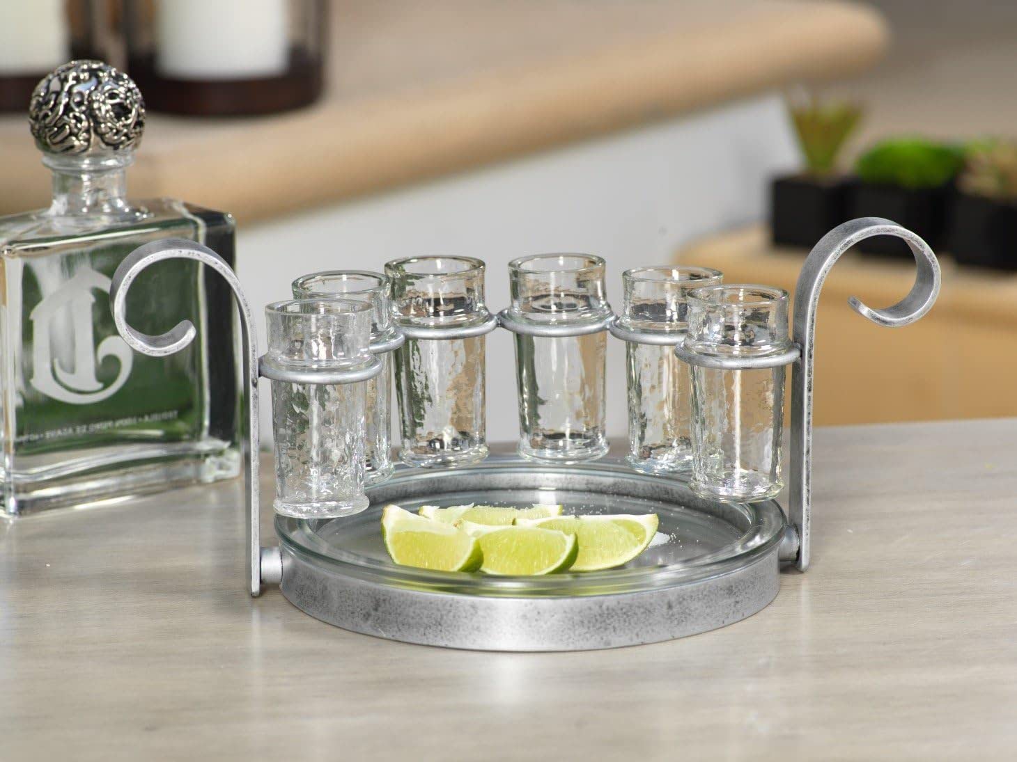 Zodax | Cabo 8 Piece Tequila Serving Set | With 6 Shot Glasses, 1 Metal Stand, 1 Glass Tray | Antique Silver Finish