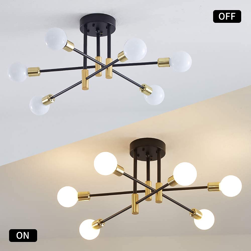 Sputnik Chandelier Modern Ceiling Light Fixture Mid Century Black and Gold Industrial Pendant Light Semi Flush Mount Lighting for Living Room Dining Room Bedroom Kitchen Bar Cafe