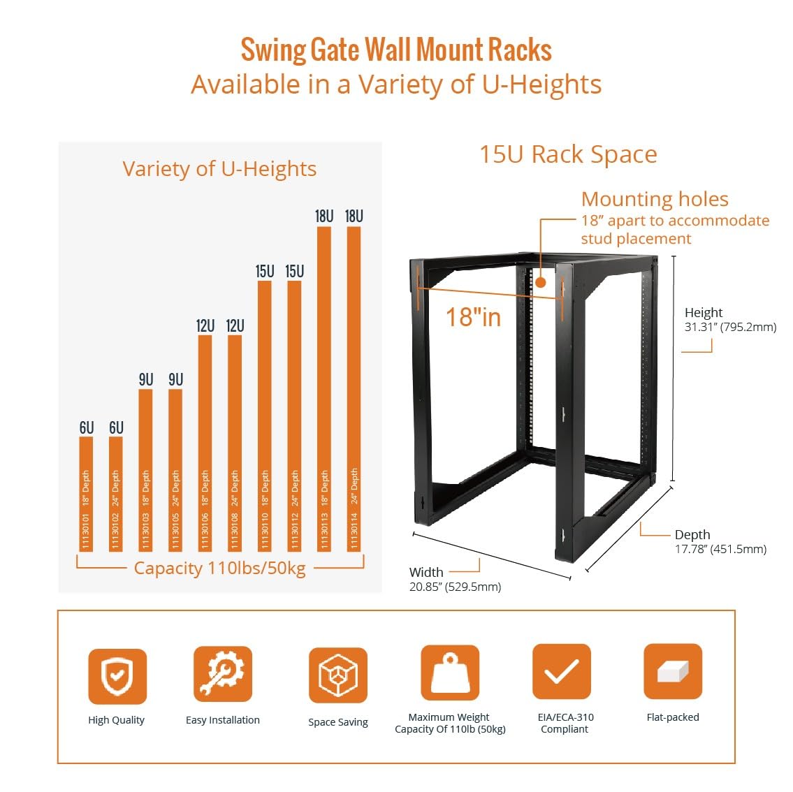 Tecmojo 15U Wall Mount Open Frame Network Rack, Swing Out Hinged Door 18 Inch Depth, Holds Network Servers and AV Equipment, Easy Rear Access to Equipment, Door Opens 180 Degrees from Either Side