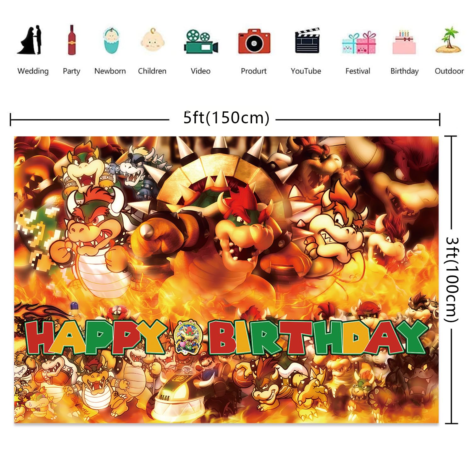 SELPONT day Party Supplies, Mario Bowser Birthday Party Decorations, Include Balloons,Cake Toppers,Cupcake Toppers,5x3Ft Backdrop,Bowser Party FavorsQ