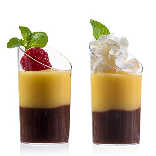 Zappy Elegant Clear Slanted Cylinder Mini Dessert Appetizer Cup 2.5 oz Plastic Tasting/Sample Shot Glasses Parfait Glass/Souffle Jello Tumbler (25 Ct)