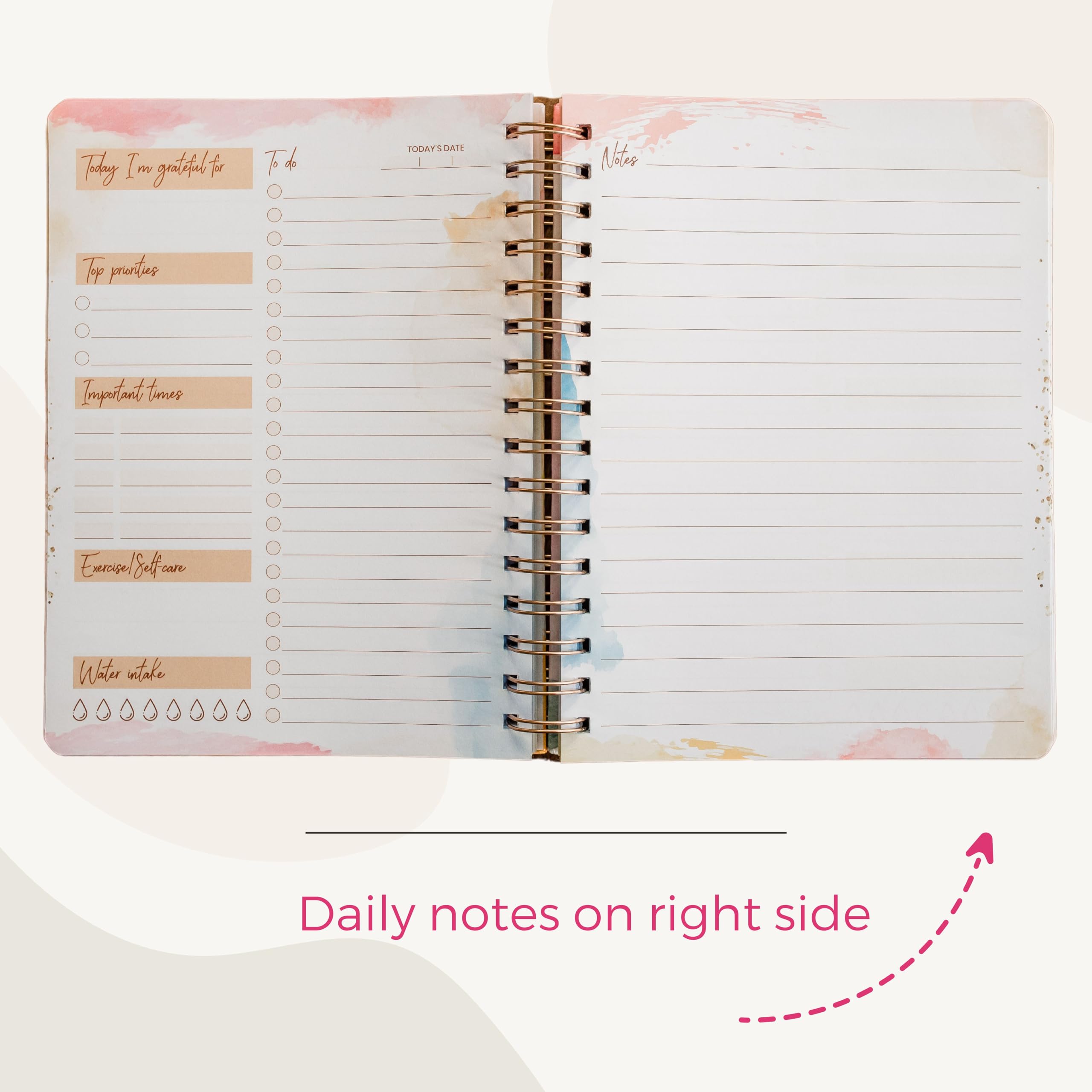 Undated Daily To Do Notebook - Planner Notepad List 6.5x8.5" Cute Colorful Design- Laminated Hard Cover & Rose Gold Spiral Binding- 302 Pages- Daily Task & Lined Notes Pages