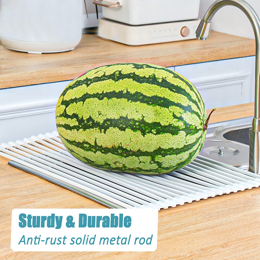 ZOIMINU White Roll Up Dish Rack, Over Sink Dish Drying Rack, Heat-Resistant Anti-Slip Stainless Steel Dish Drainer with Silicone-Coated for Cups Fruits Vegetables - 20.5" x 13.1"